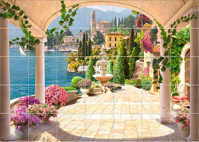 Mediterranean Tile Mural with Terrace, Fountain and Lakeside